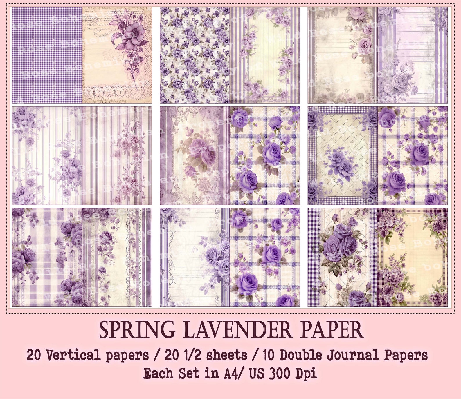 Purple Spring Printable Paper, Shabby Chic Lavender Rose, Lilac ...