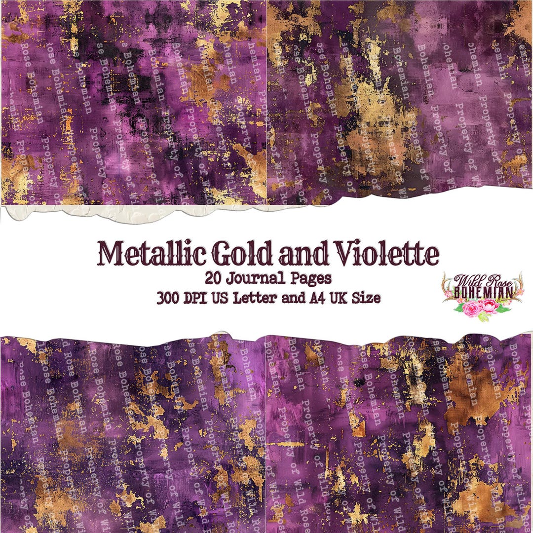 Metallic Gold and Purple Violette Printable Paper, Grunge Collage Paper ...