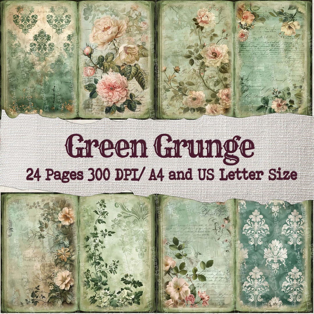 Green Shabby Grunge Floral Journal Paper, Vintage Script Backgrounds ...