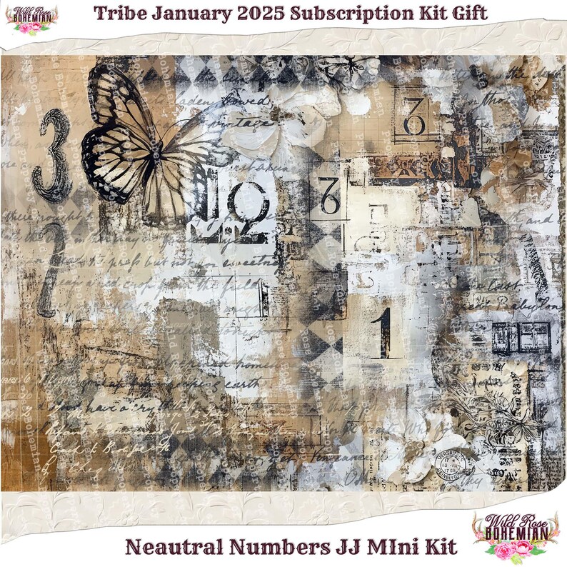 Distressed Sepia Women Mixed Media Junk Journal Kit, Numbers Butterfly ...