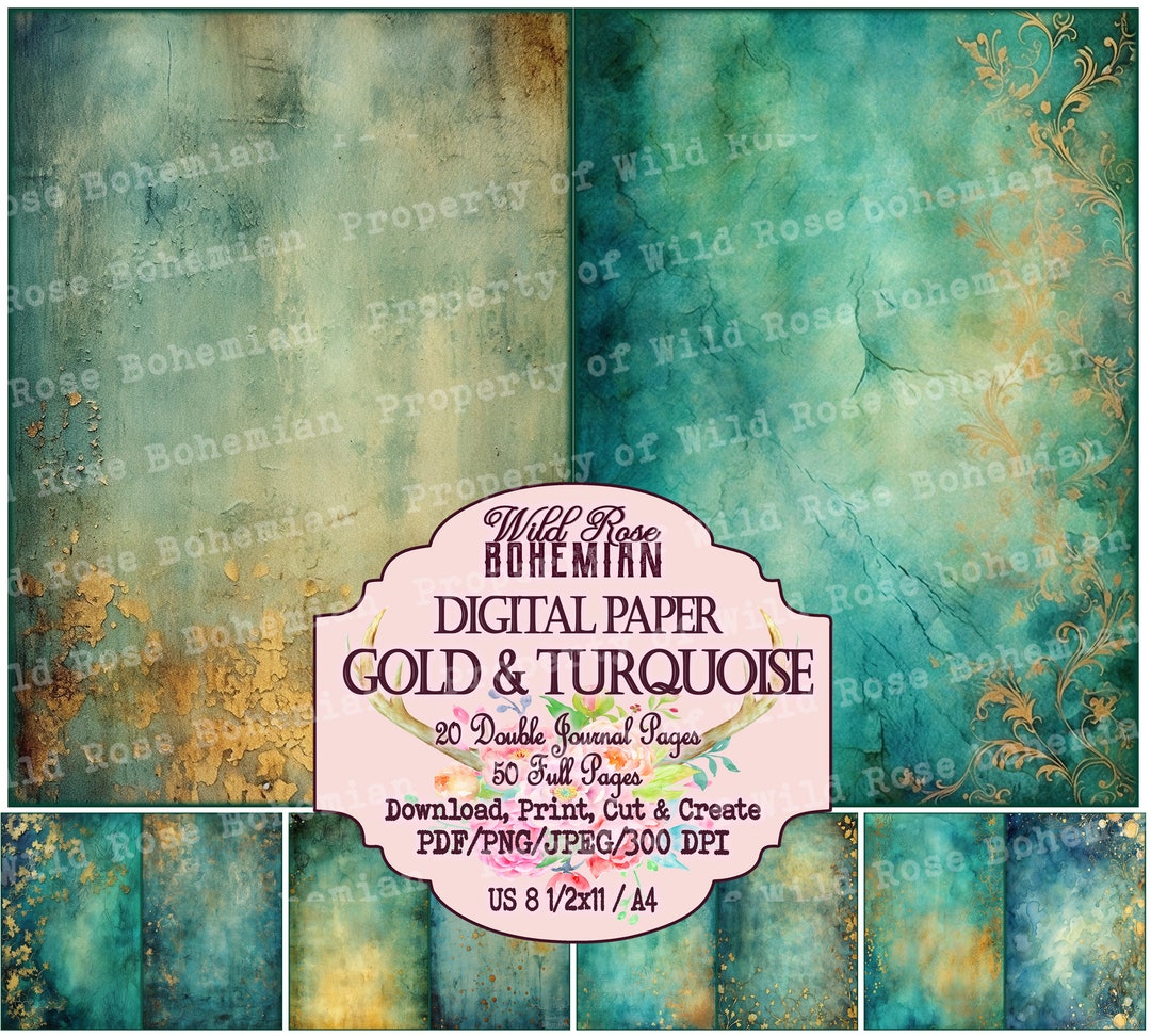 Turquoise and Gold Digital Paper, Grunge Paper, Art Nouveau Paper ...