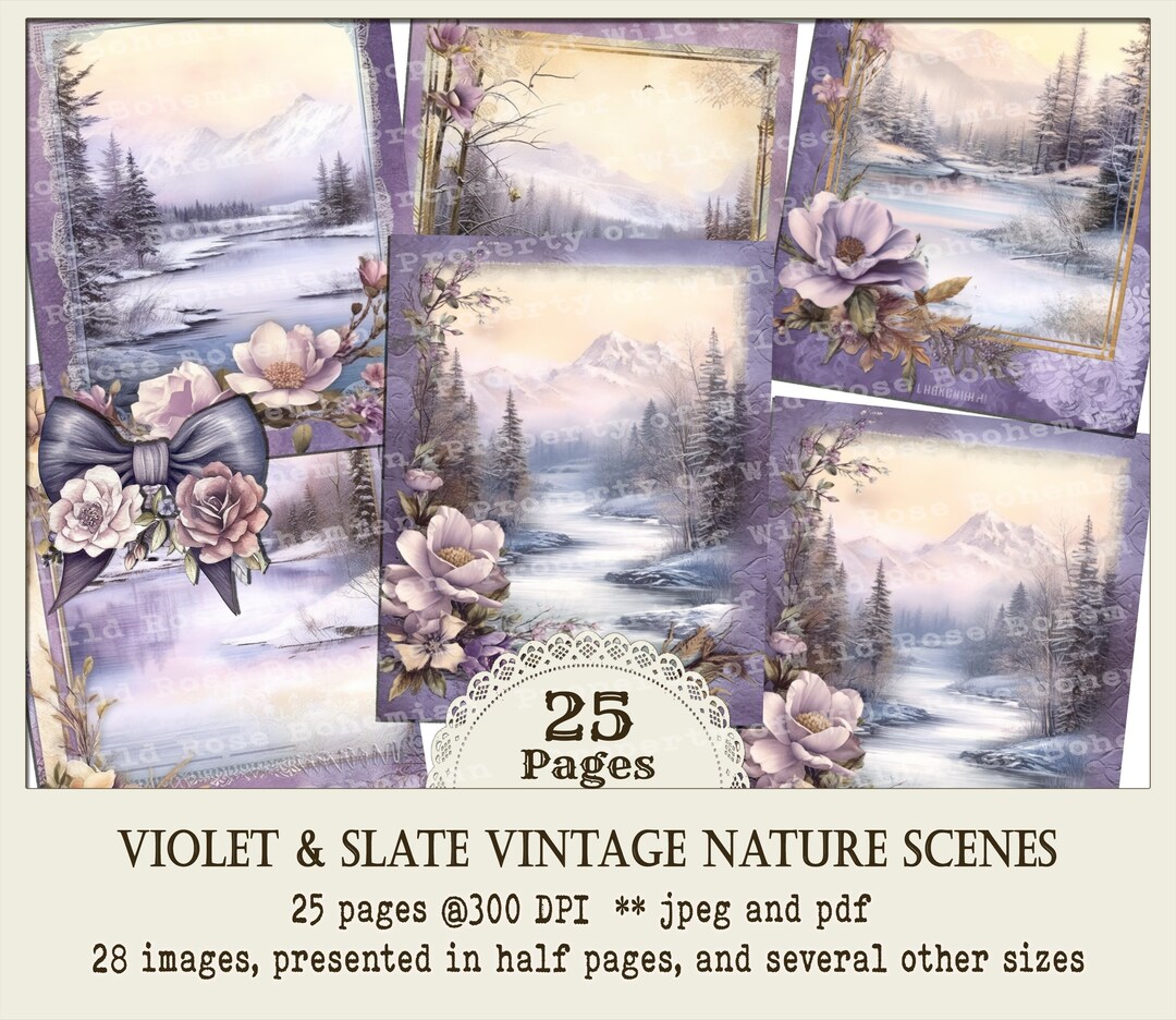 Victorian Nature Scenes in Violet and Slate Winter Pattern, Mountains ...