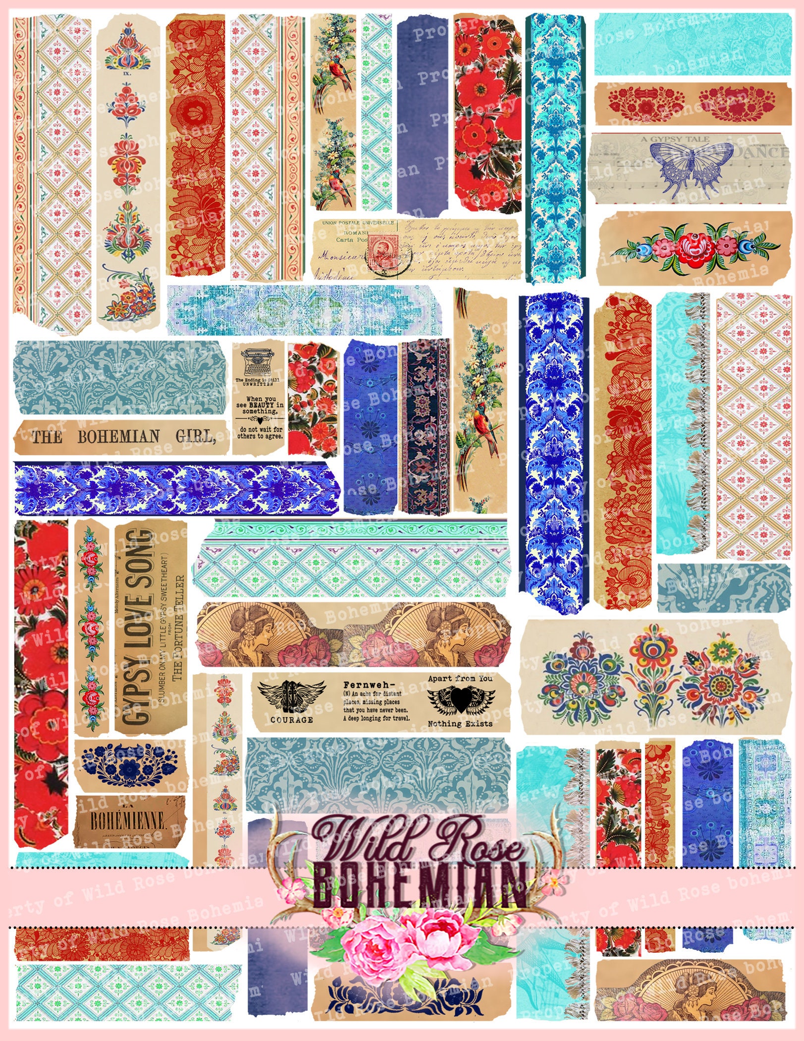 Printable Washi Tape, Bohemian Washi Tape, Gypsy Washi Tape, Junk ...
