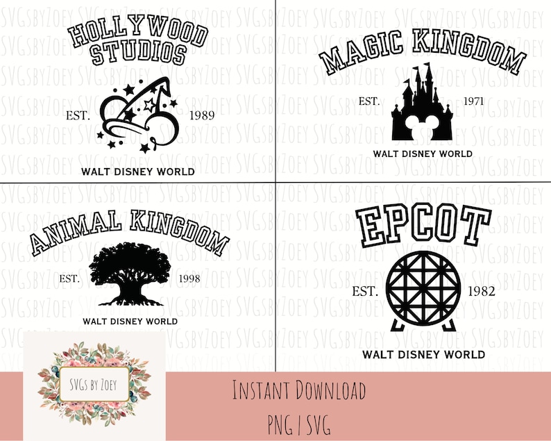 Four Park Icons Svg, Theme Park Svg, Epcot, Animal Kingdom, Hollywood ...