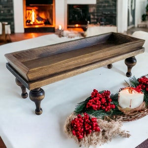 Farmhouse Wood Centerpiece Tray: Rustic Table Riser, Dark Walnut Finish ...