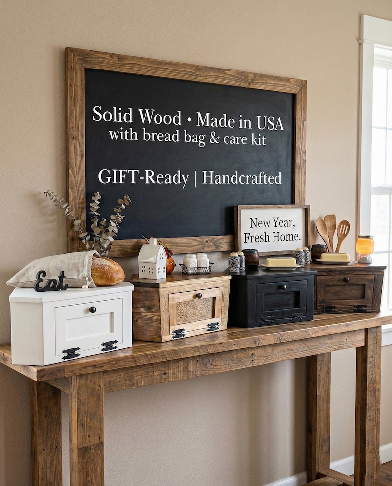 Wood Corner Bread Box Countertop - Rustic Farmhouse Kitchen Storage ...