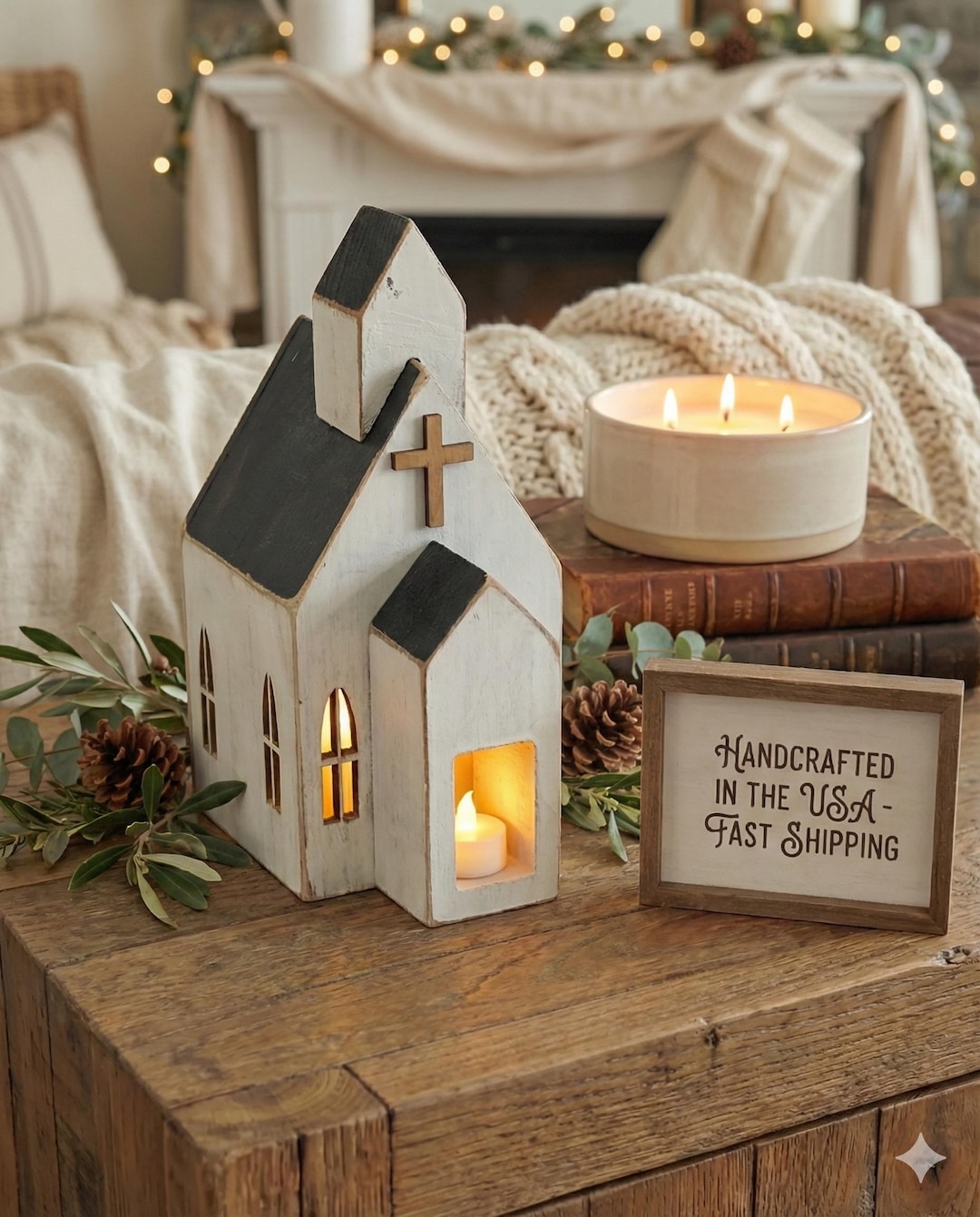 LIGHT UP Miniature Church- Sturdy Wood Church Religious Shelf Sitter ...