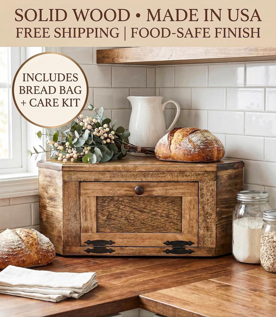 Solid Wood Corner Bread Box - Wood Breadbox Counter Rustic Farmhouse ...