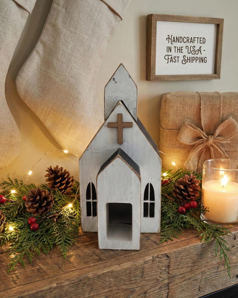 LIGHT UP Miniature Church- Sturdy Wood Church Religious Shelf Sitter ...