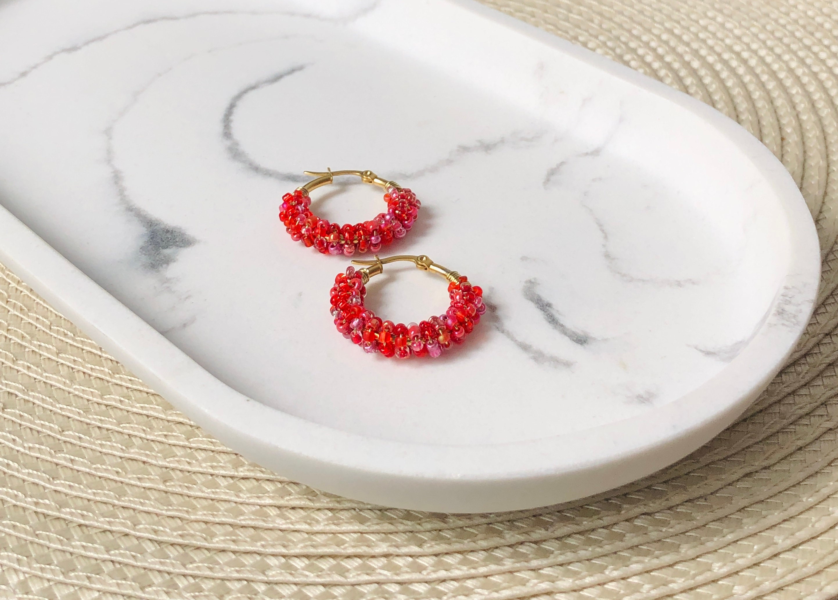 Red Hoop Earrings Seed Bead Earrings Handmade Wire Wrapped 25mm - Etsy