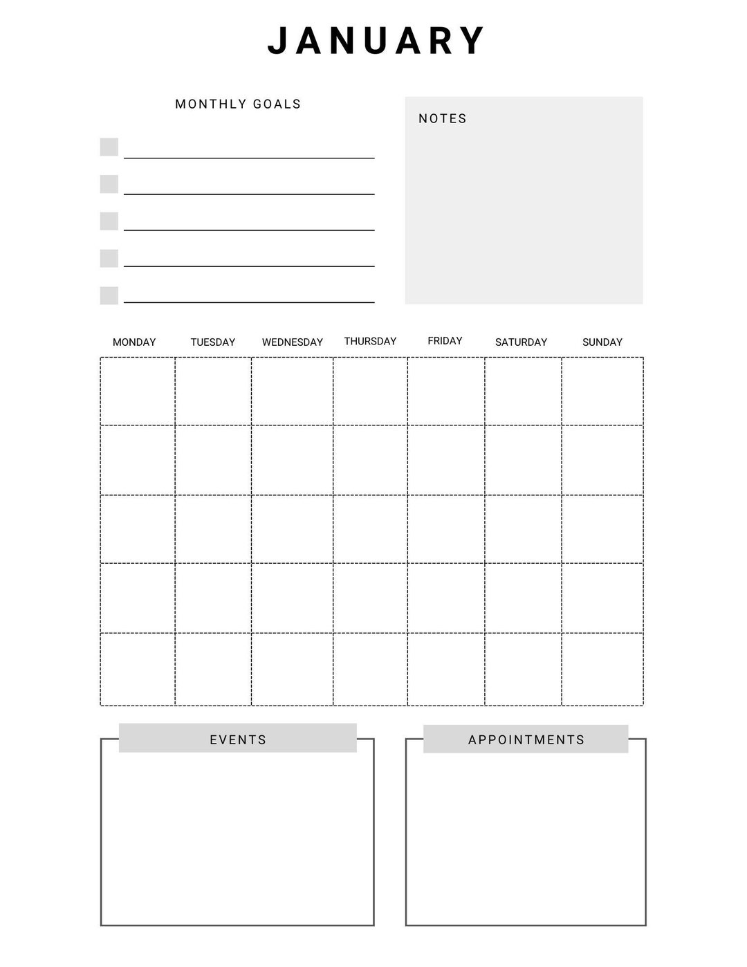 Simple Monthly Printable Planner - Etsy