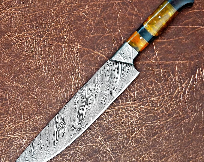 Chef Knife Damascus Hand Forged 13 Inches: Wood and Yellow Resin Handle ...