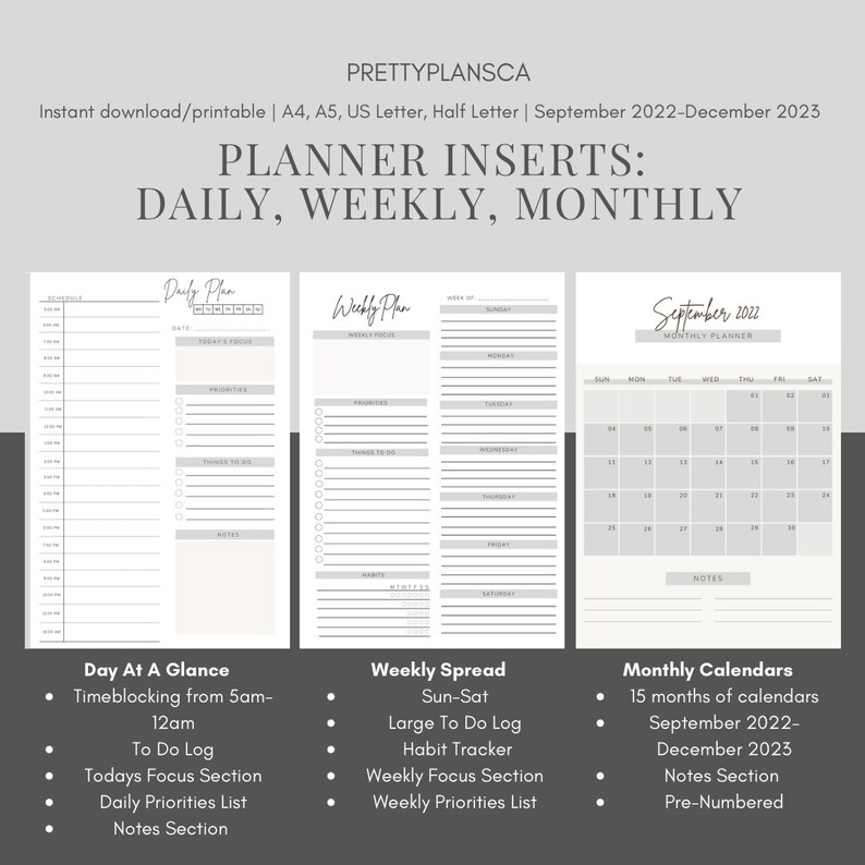 Minimalistic Planner Inserts, Printable, A5, A4, US Letter, Daily Log ...