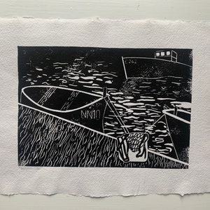 Harbour - Original Lino Print - Boat Print - Landscape Art - Coastal ...