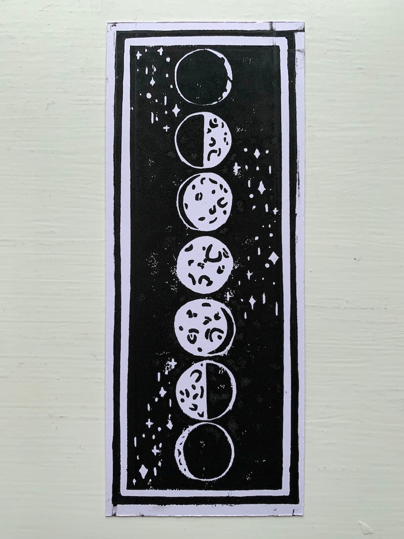 Moon Phases Bookmark Original Lino Print Lino Cut Stars - Etsy