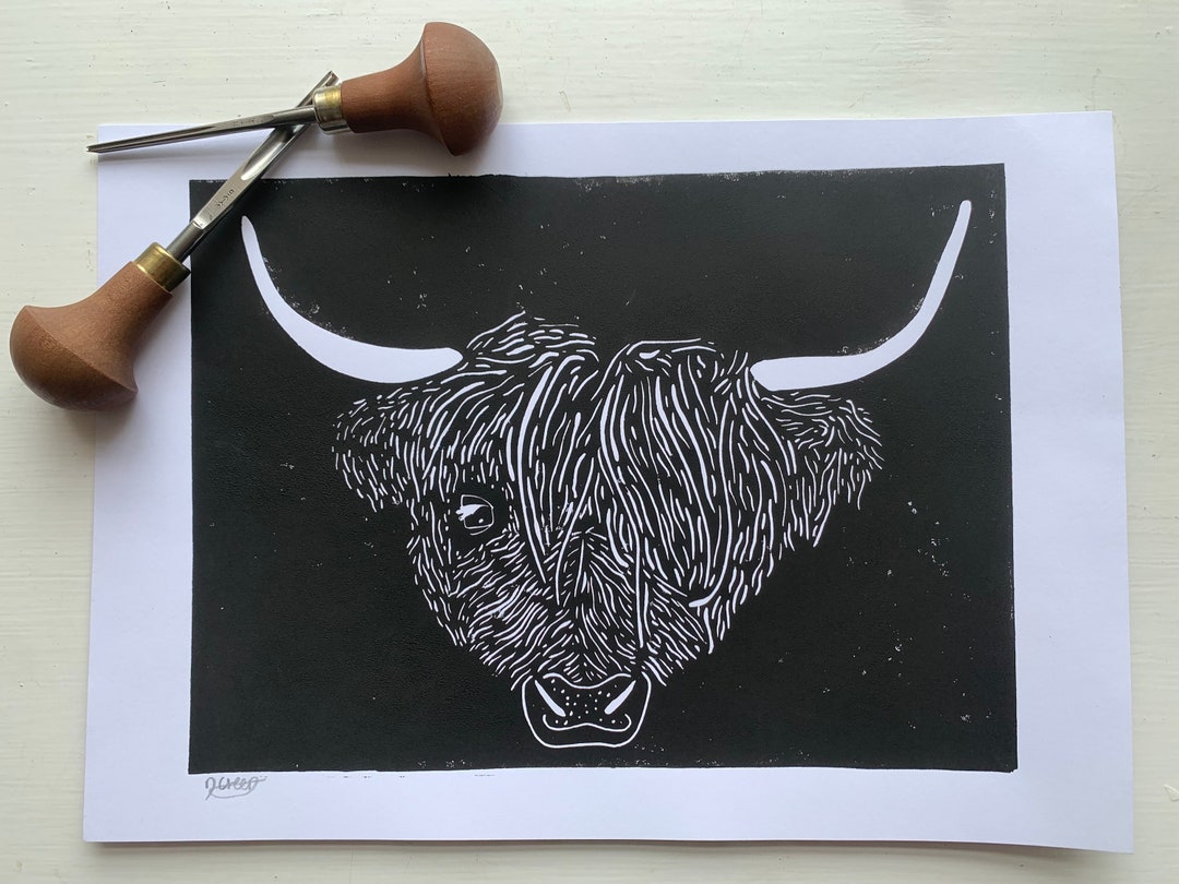 Highland Cow - Original Lino Print - Cow - Abstract - Animal - Home ...