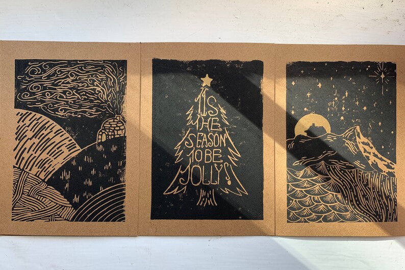 Handmade Linocut Christmas Cards - Festive Gold Accents, Pack of 3 - Etsy