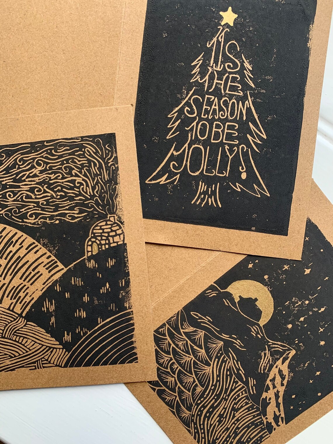 Handmade Linocut Christmas Cards - Festive Gold Accents, Pack of 3 - Etsy