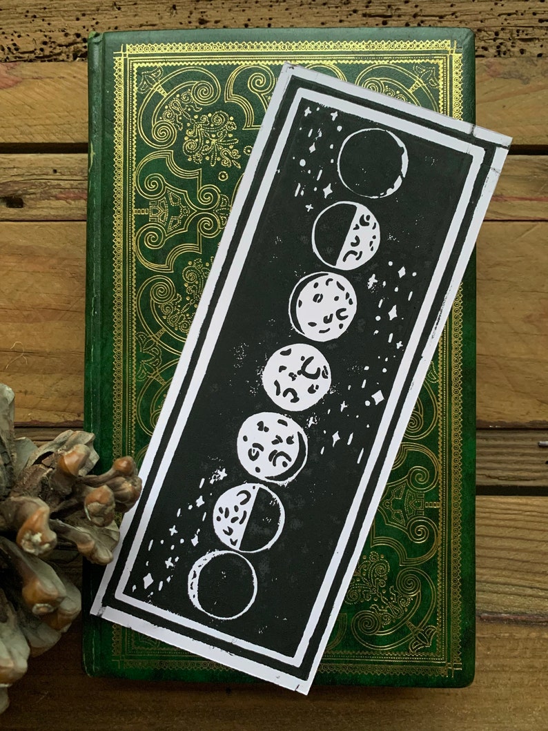 Moon Phases Bookmark Original Lino Print Lino Cut Stars - Etsy