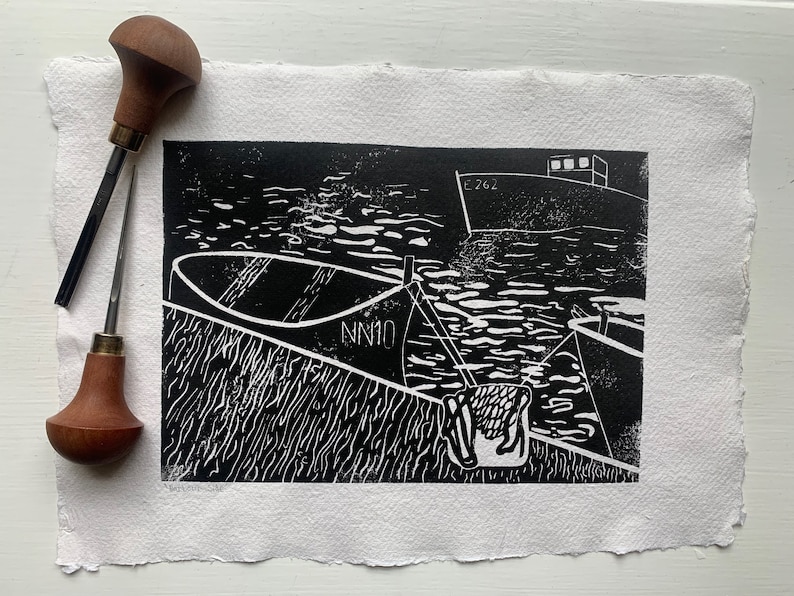Harbour Lino Print – Coastal Boat Landscape Art, A4 - Etsy UK