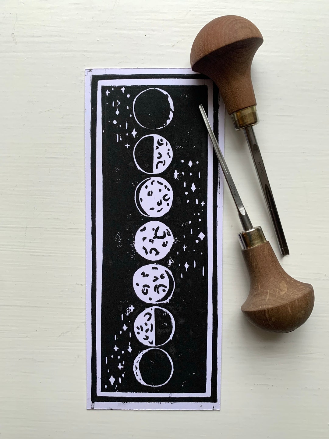 Moon Phases Bookmark Original Lino Print Lino Cut Stars - Etsy