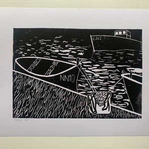 Harbour - Original Lino Print - Boat Print - Landscape Art - Coastal ...