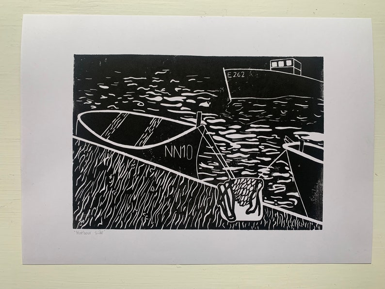 Harbour - Original Lino Print - Boat Print - Landscape Art - Coastal ...