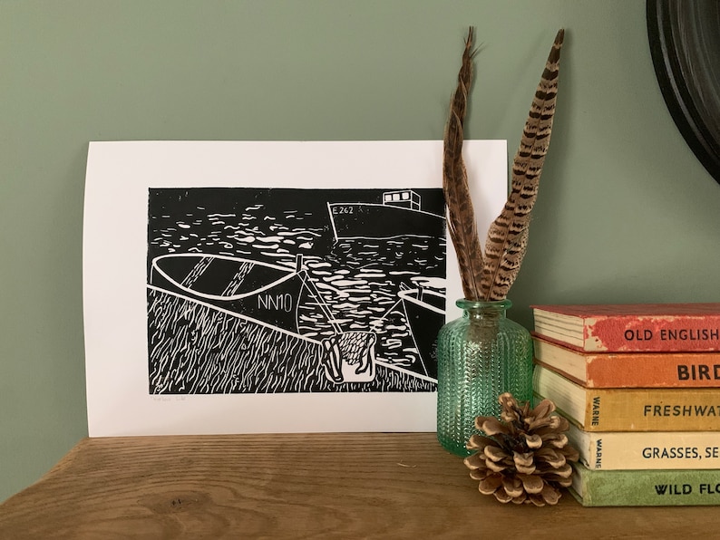 Harbour Lino Print – Coastal Boat Landscape Art, A4 - Etsy UK
