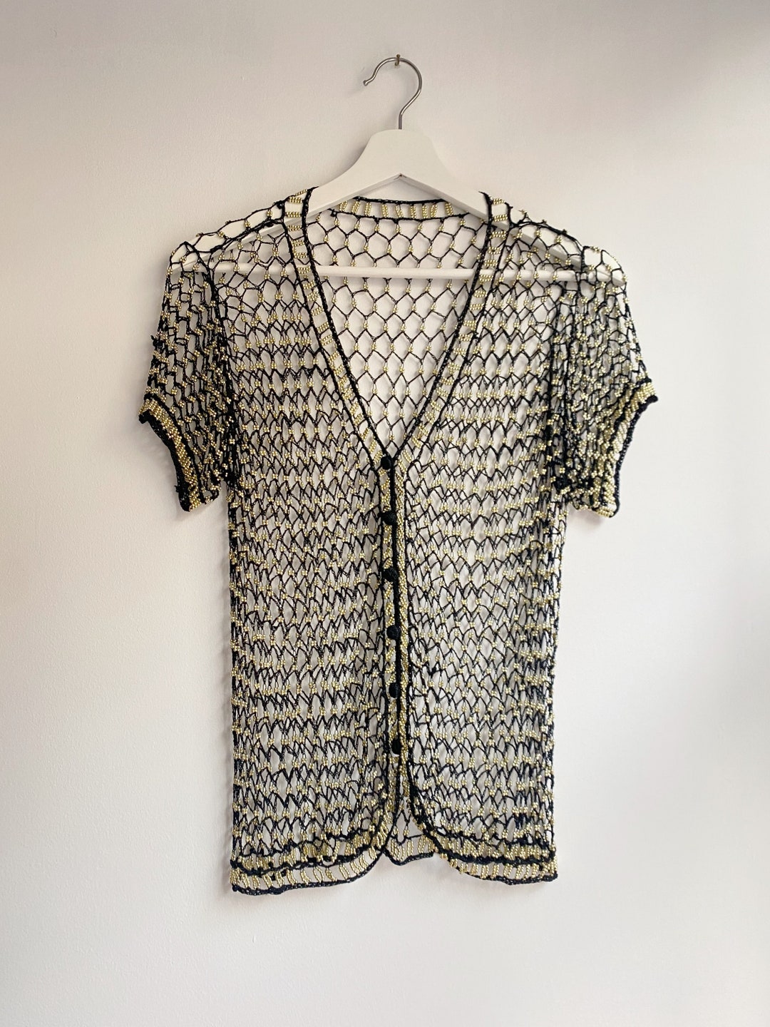 Vintage Hand Crochet Fishnet Top With Golden Beads - Etsy