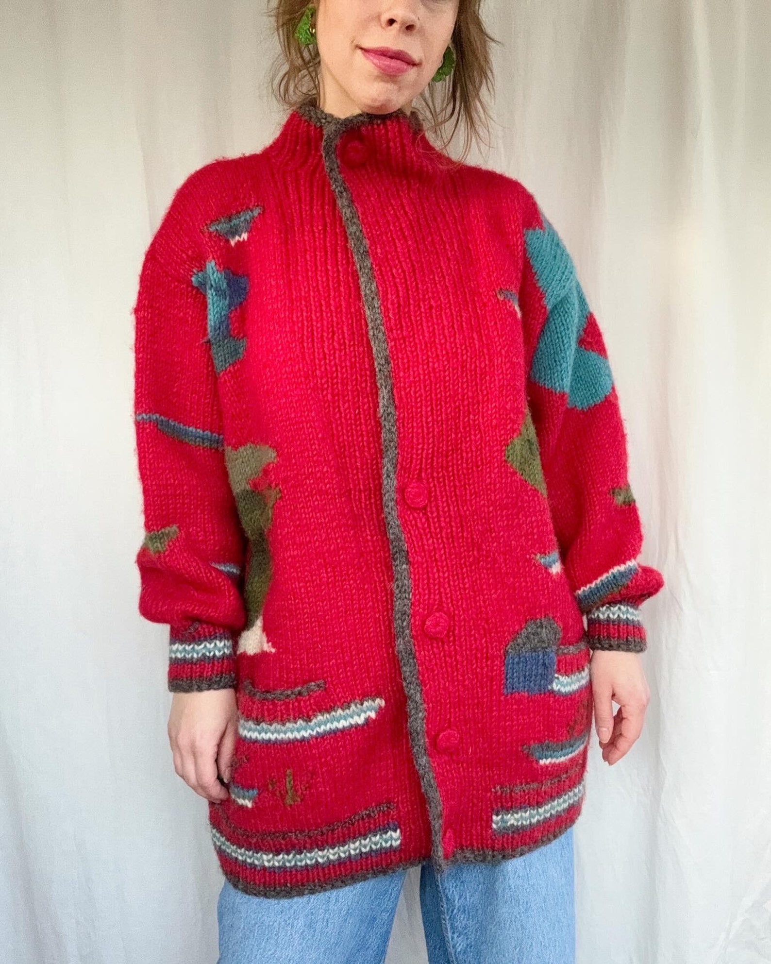 Size L Susie Lee Style Wool Landscape Cardigan 1980 - Etsy