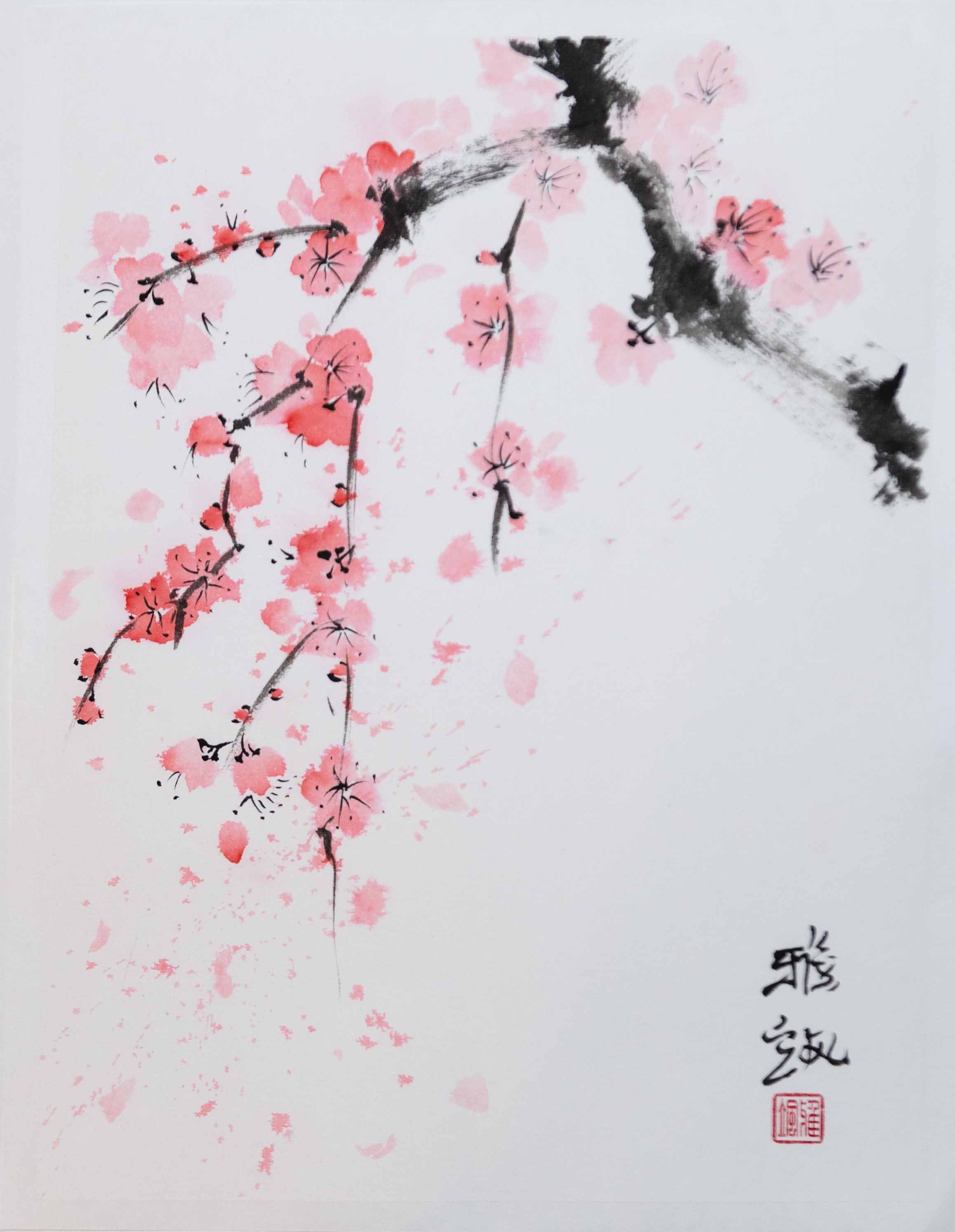 Cherry Blossom Original Painting, Ink and Watercolours on Rice Paper ...