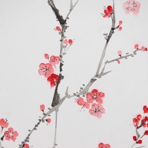Bright Pink Cherry Blossom Original Sumi-e Painting. Ink and ...