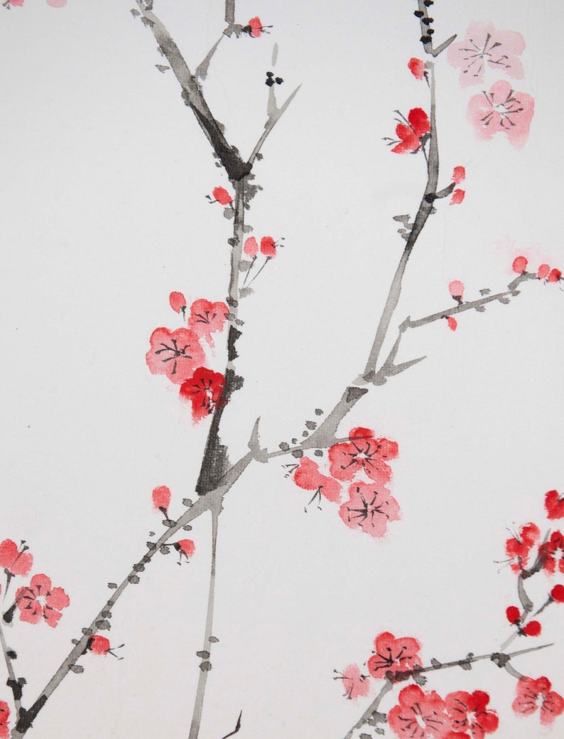 Bright Pink Cherry Blossom Original Sumi-e Painting. Ink and ...