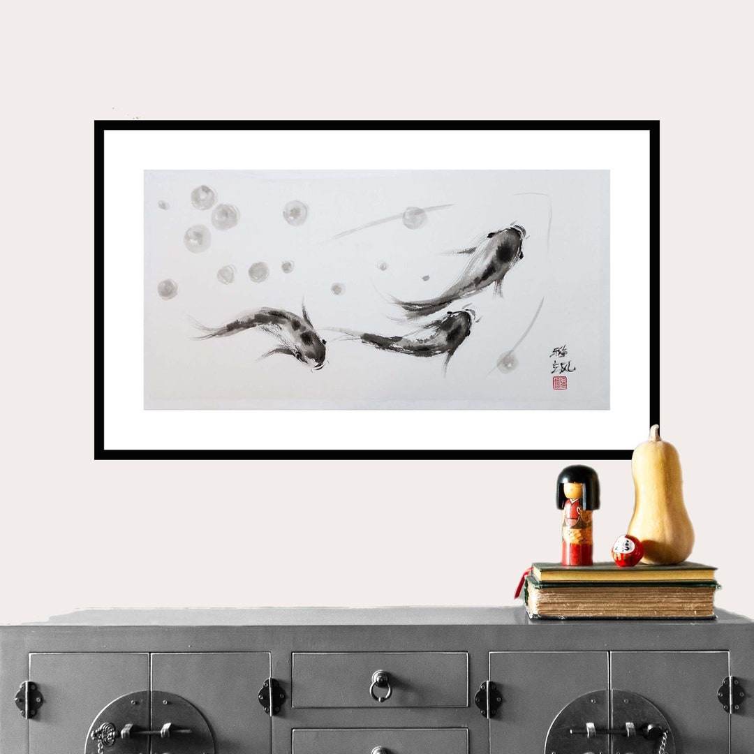 Koi Fish Ink Painting, Original Sumi-e on Rice Paper, Japanese Subokuga ...