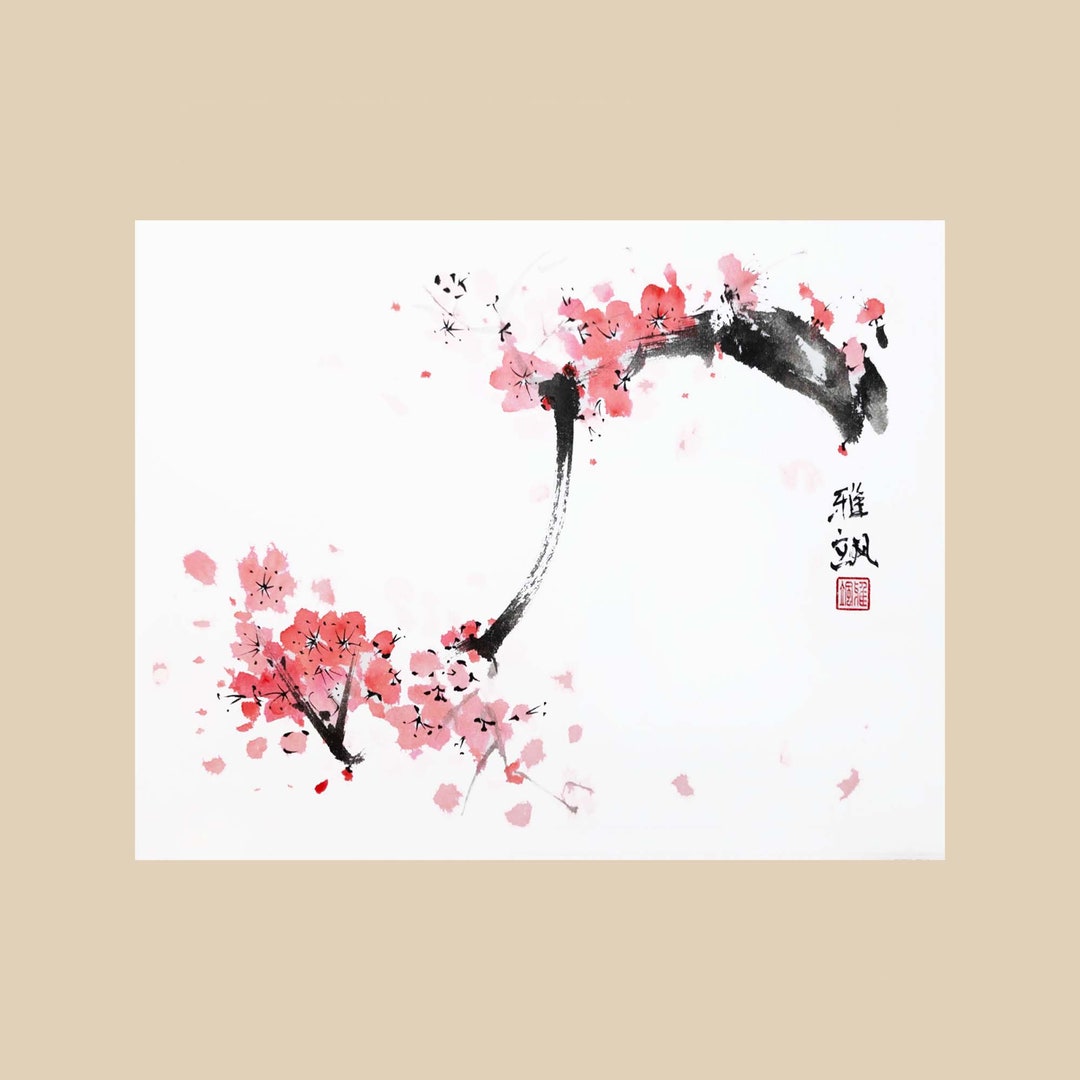 Vibrant Cherry Blossoms Original Sumi-e Painting, Ink and Watercolours ...