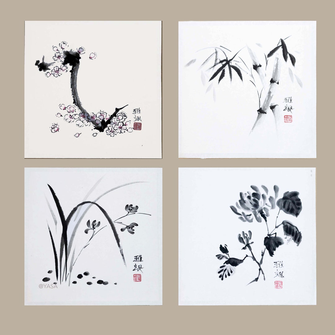 Four Gentlemen Paintings - Traditional Chinese Art - Set of Four Square ...