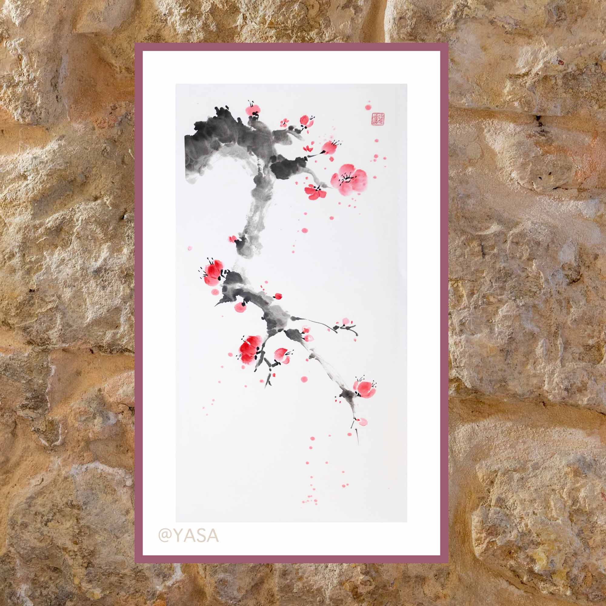 Cherry Blossom Sumi-e Painting - Japanese Sakura Art - Ink and ...