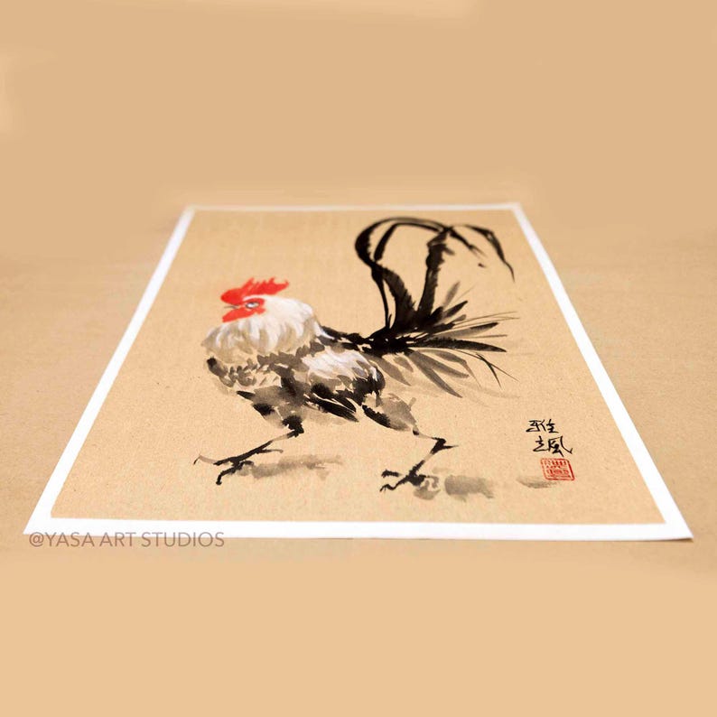 Rooster Painting - Ink and Watercolours on Rice Paper - Japanese Sumi-e ...