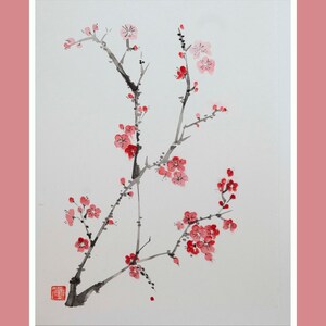 Bright Pink Cherry Blossom Original Sumi-e Painting. Ink and ...