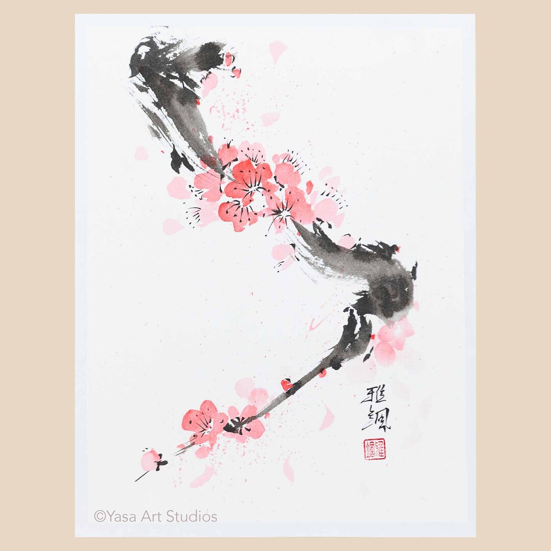 Original Cherry Blossom Painting: Japanese Sumi-e Ink Art, Unframed - Etsy