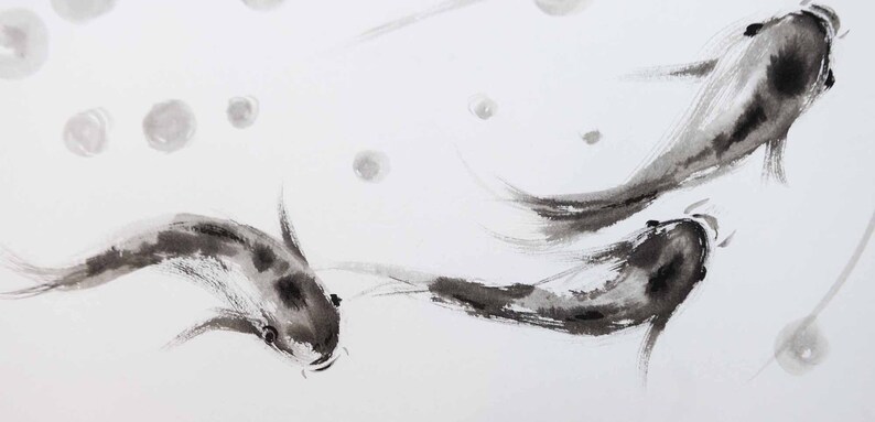 Koi Fish Ink Painting, Original Sumi-e on Rice Paper, Japanese Subokuga ...