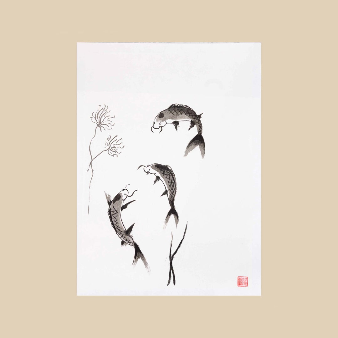 Three Koi Fish Sumi-e Painting. Original Ink on Rice Paper, Japanese ...