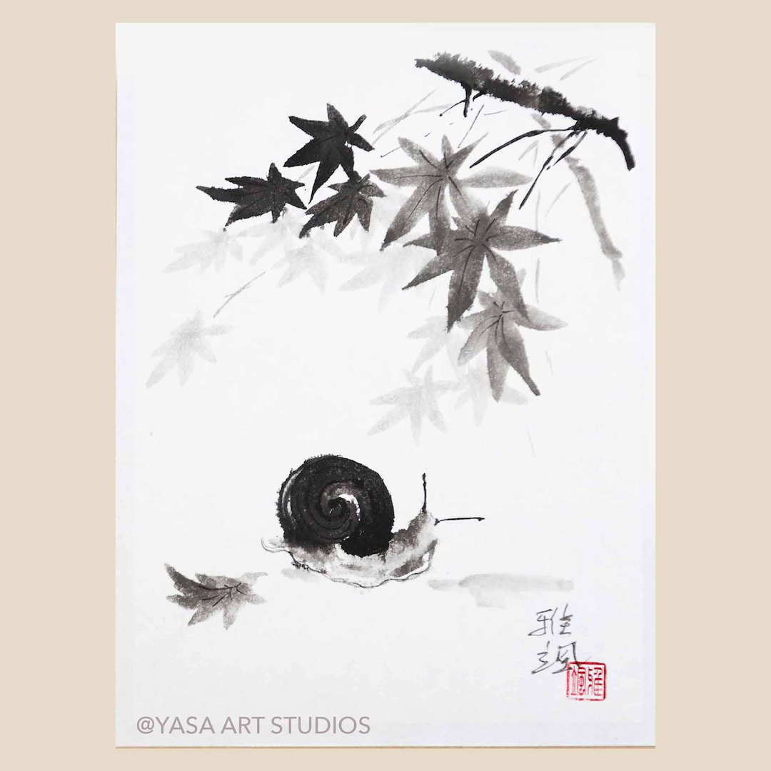 Snail and Japanese Maple - Original Ink Painting - Japanese Sumi-e ...