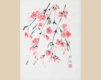 Cherry Blossom Original Painting, Ink and Watercolours on Rice Paper ...