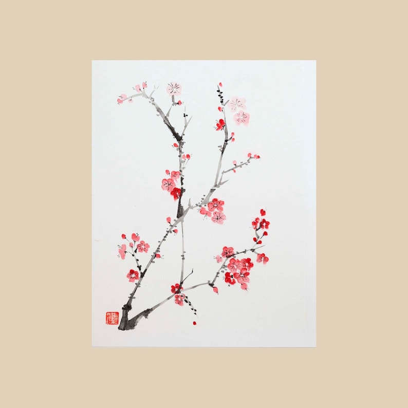 Bright Pink Cherry Blossom Original Sumi-e Painting. Ink and ...
