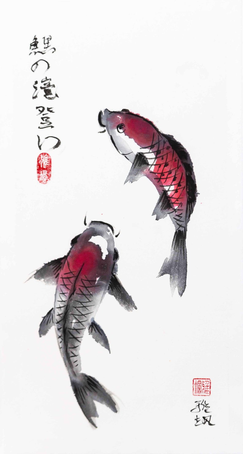 Koi Fish Climbing the Waterfall, Original Sumi-e Artwork With Japanese ...