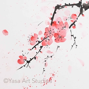 Vibrant Cherry Blossom Branch: Original Sumi-e Painting, Ink ...
