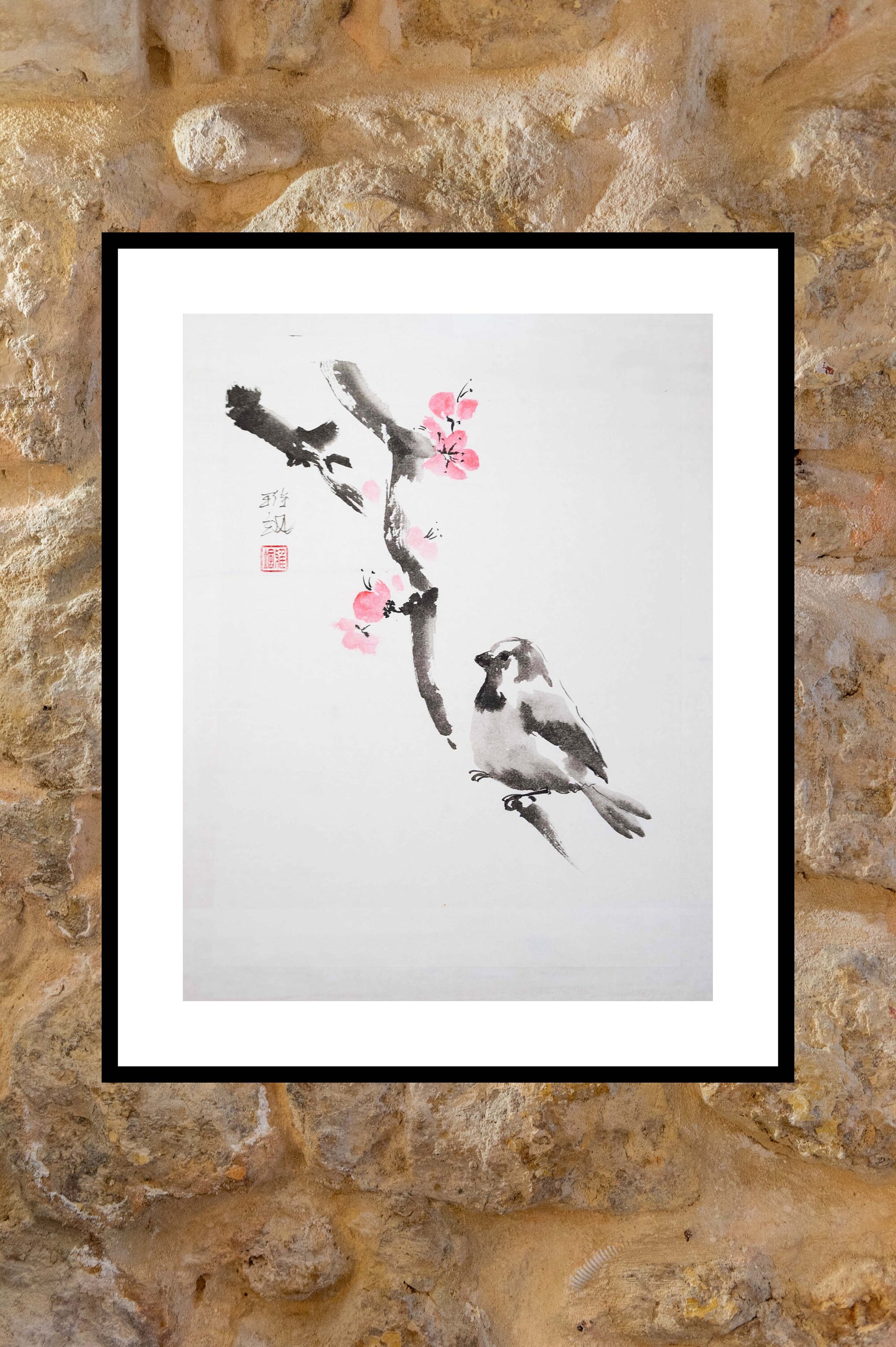 Sparrow and Cherry Blossoms. Original Sumie Painting. Ink on Rice Paper ...