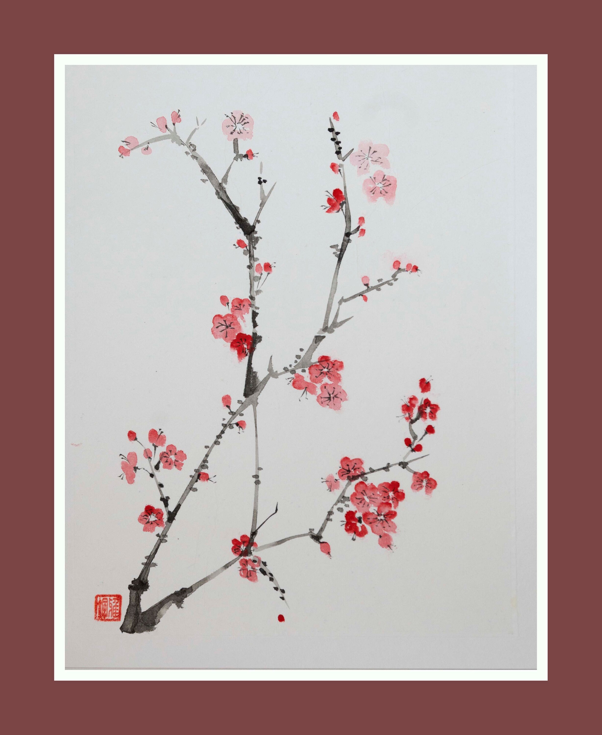 Bright Pink Cherry Blossom Original Sumi-e Painting. Ink and ...