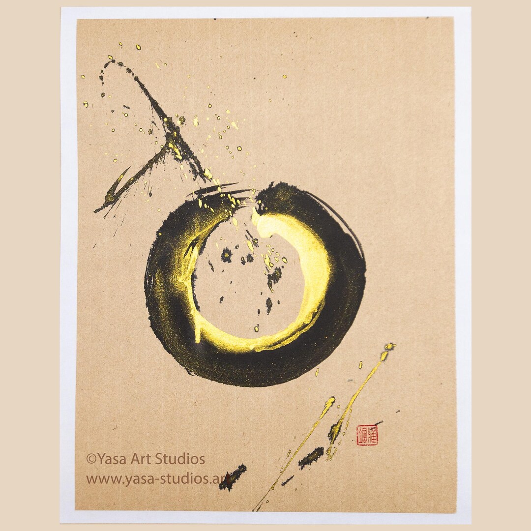 Gold and Black Enso: Hand-painted Ink & Watercolour Original Artwork on ...